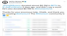 Em meio à guerra, Vitalik Buterin doa US$ 5 milhões em Ethereum para a Ucrânia