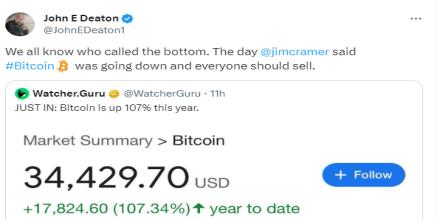 친리플 변호사 “짐 크레이머 ‘BTC 매도’ 권유한 날이 저점”