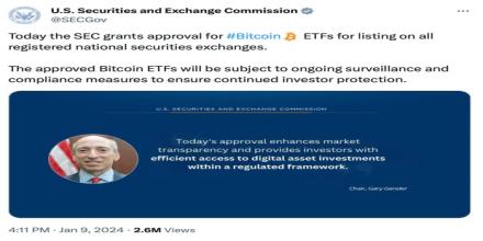 “Heute genehmigt die SEC den Handel von Bitcoin-ETFs auf allen registrierten nationalen Aktienbörsen.”