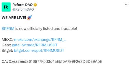 ReformDAO’s $RFRM Token Now Listed on Gate.io, MEXC, Bitget