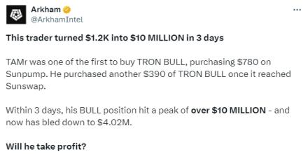 TRON Trader Turns $1.2K into $10M in 3 Days with TRON BULL