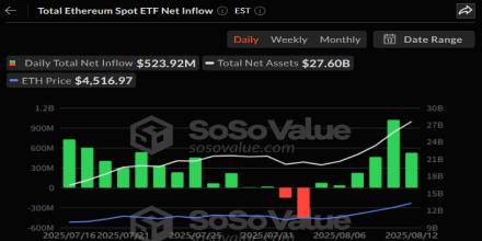 이더리움 현물 ETF, 6거래일 연속 자금 유입…누적 113억 달러 돌파