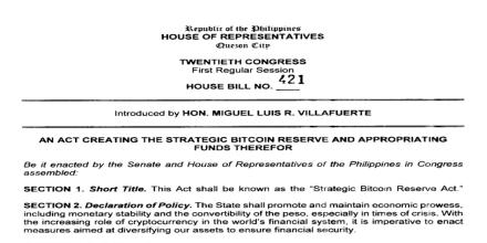 Filipinas evalúa Reserva Estratégica de Bitcoin: legislador propone comprar 10,000 BTC