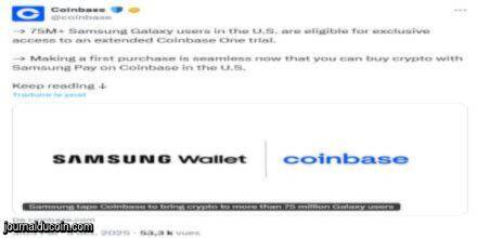 Samsung et Coinbase s’associent pour offrir un accès crypto à 75 millions d’utilisateurs de Galaxy