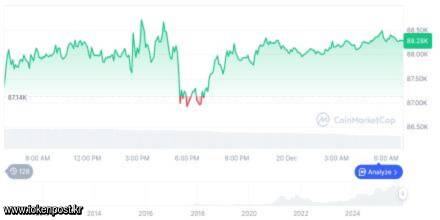 [저녁 시세브리핑] 암호화폐 시장 상승세… 비트코인 88,261달러, 이더리움 2,979달러