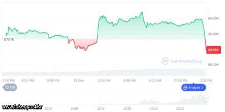 [자정 시세브리핑] 암호화폐 시장 혼조세… 비트코인 87,368달러, 이더리움 2,915달러