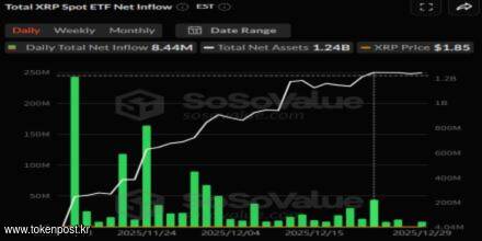 XRP·솔라나 현물 ETF 동반 순유입…XRP 일간 844만 달러 유입 재개