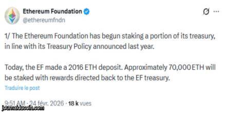 La Fondation Ethereum va mettre 70 000 ETH en staking pour sécuriser le réseau et générer des revenus